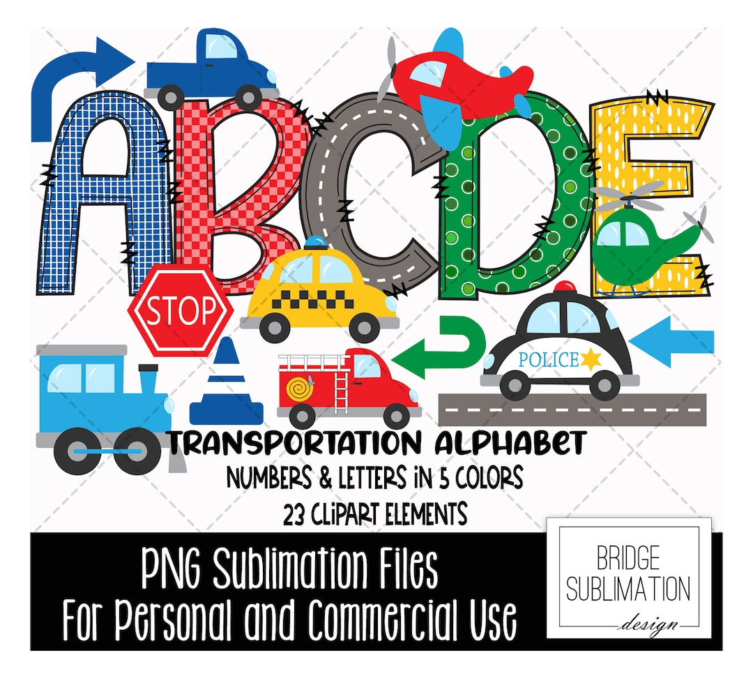 Transportation Doodle Alphabet Bundle, Vehicles PNG Letters, Numbers ...
