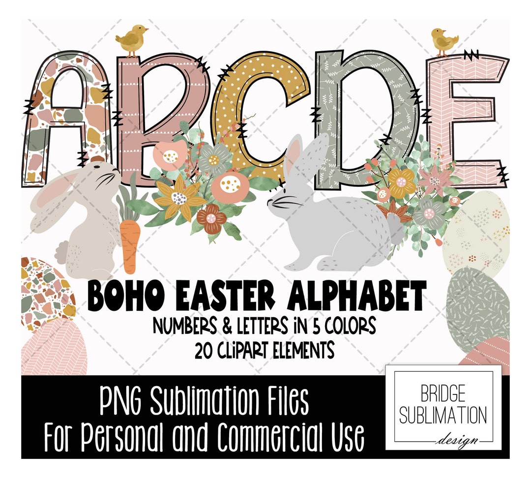 Boho Easter Doodle Alphabet Bundle, Easter PNG Letters, Numbers ...