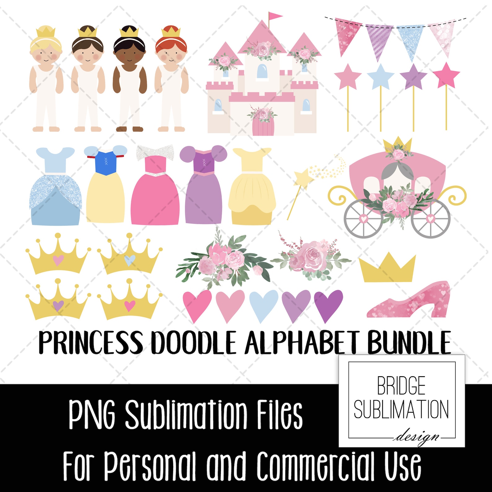 Princess Doodle Alphabet Bundle, Princess PNG Letters, Numbers ...