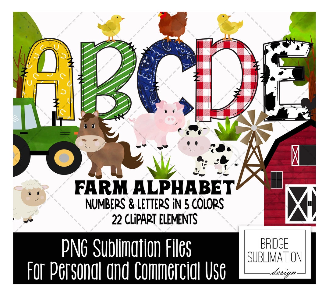 Farm Doodle Alphabet Bundle, Farm Animal PNG Letters, Numbers ...