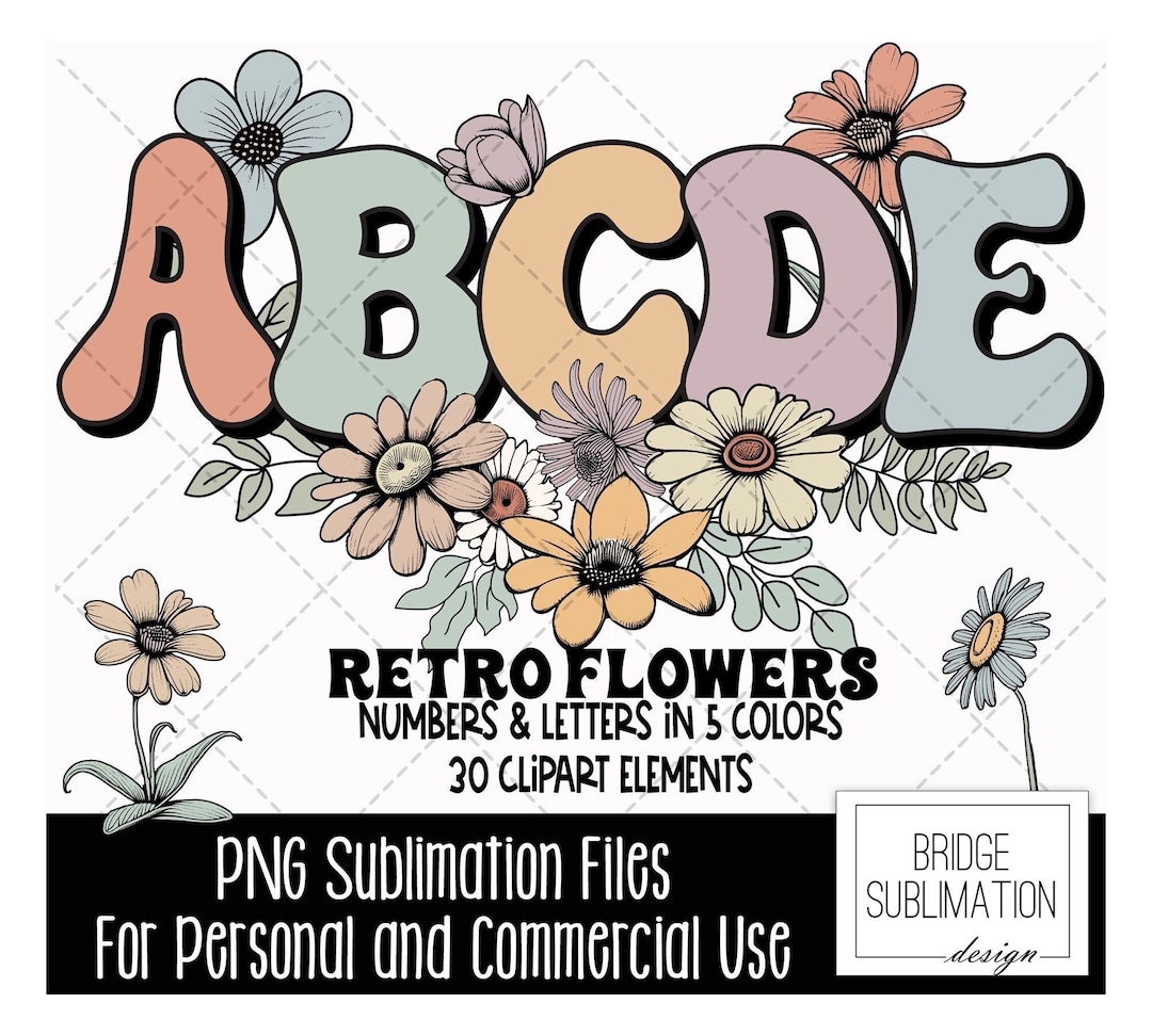 Retro Boho Floral Alphabet With Clipart PNG, Retro PNG Letters, Numbers ...