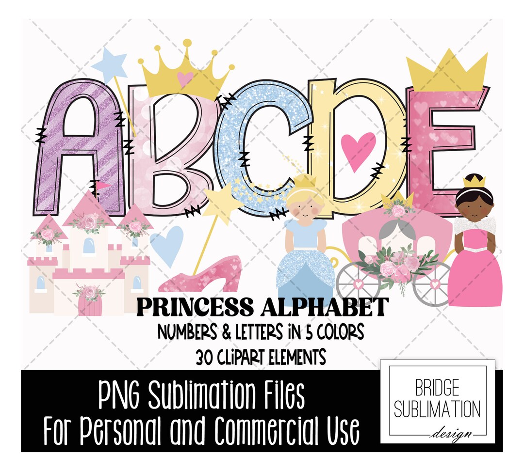 Princess Doodle Alphabet Bundle, Princess PNG Letters, Numbers ...