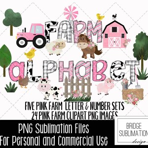 Farm Doodle Alphabet Bundle, Pink Farm Animal PNG Letters, Numbers ...
