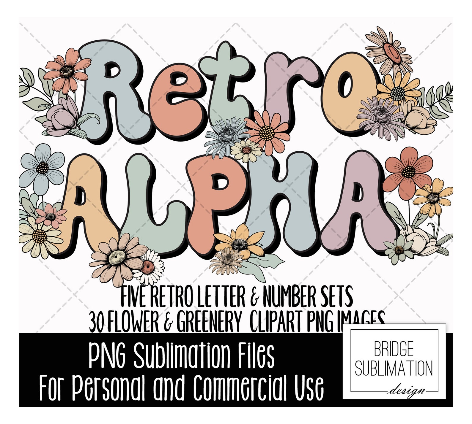 Retro Boho Floral Alphabet With Clipart PNG, Retro PNG Letters, Numbers ...