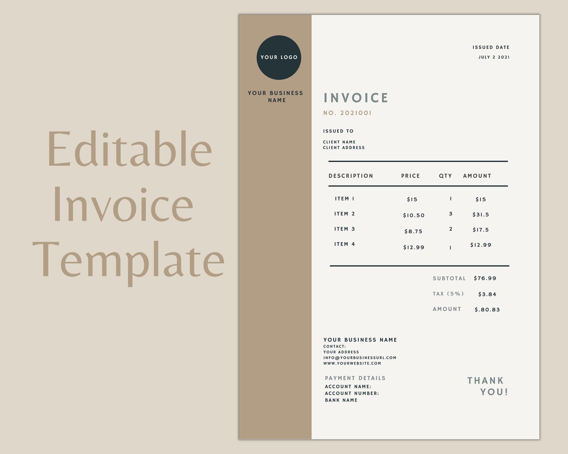 Printable Invoice Template Editable Canva Invoice Template | Etsy
