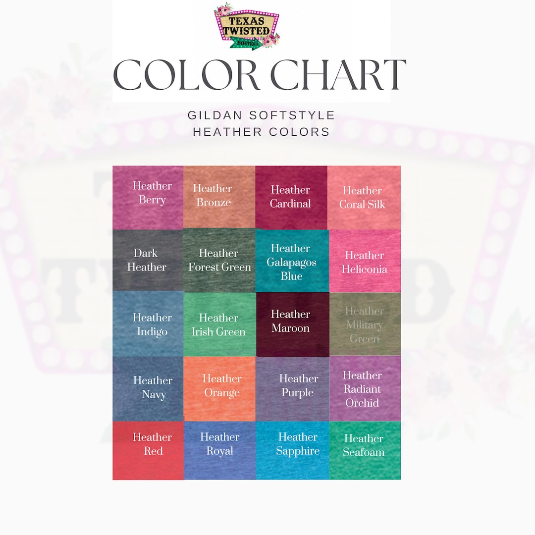 Color Chart For Gildan Softstyle Heather Colors 64000 Unisex Etsy