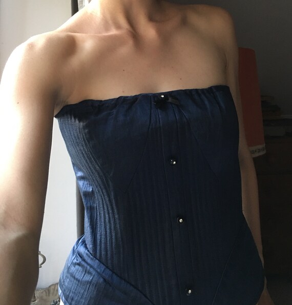 Vintage Hadmade Dark Blue satin Corset / Basque - M -… - Gem