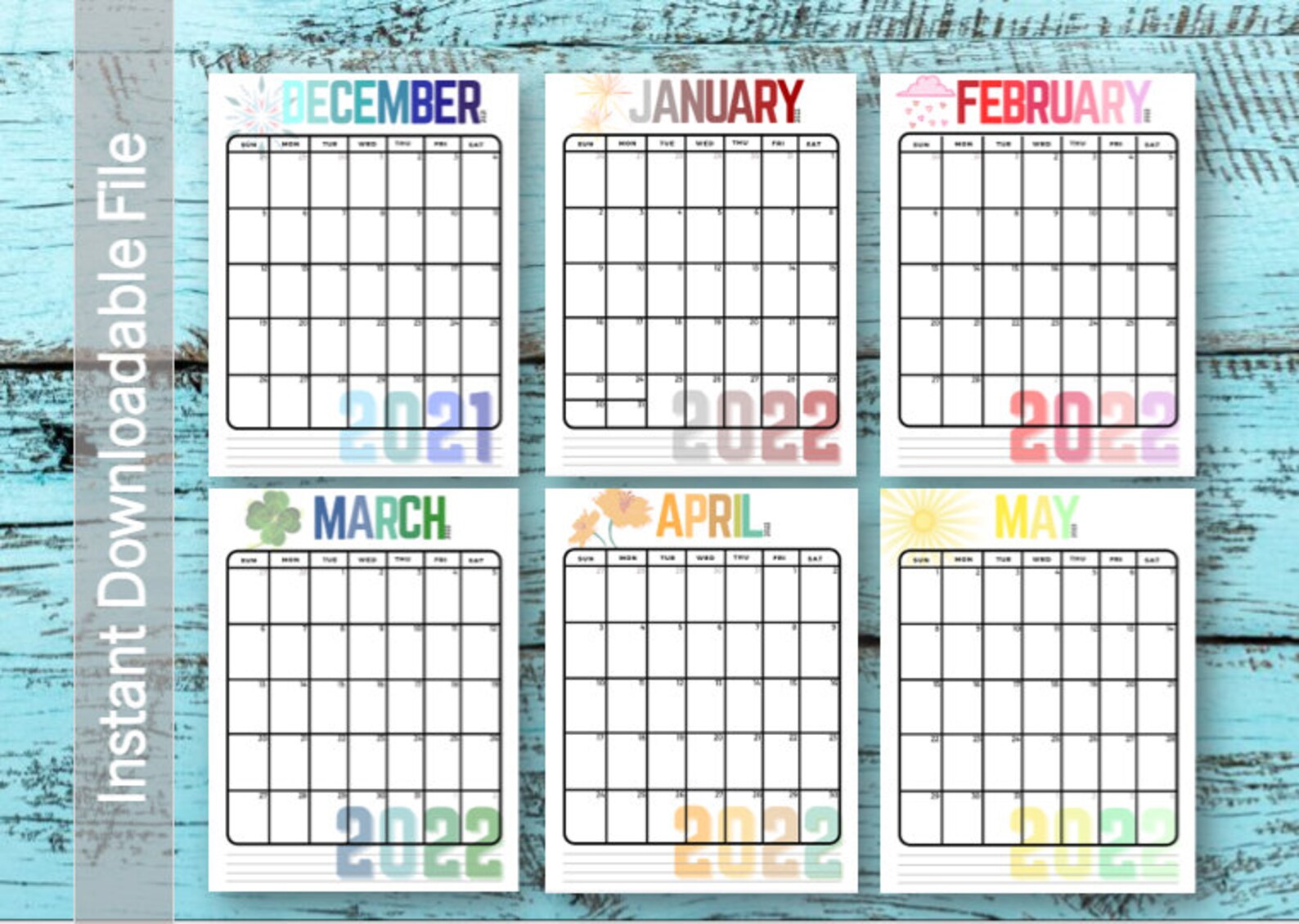 Printable Monthly Calendar 2021-2022 Digital Planner Gradient Theme ...