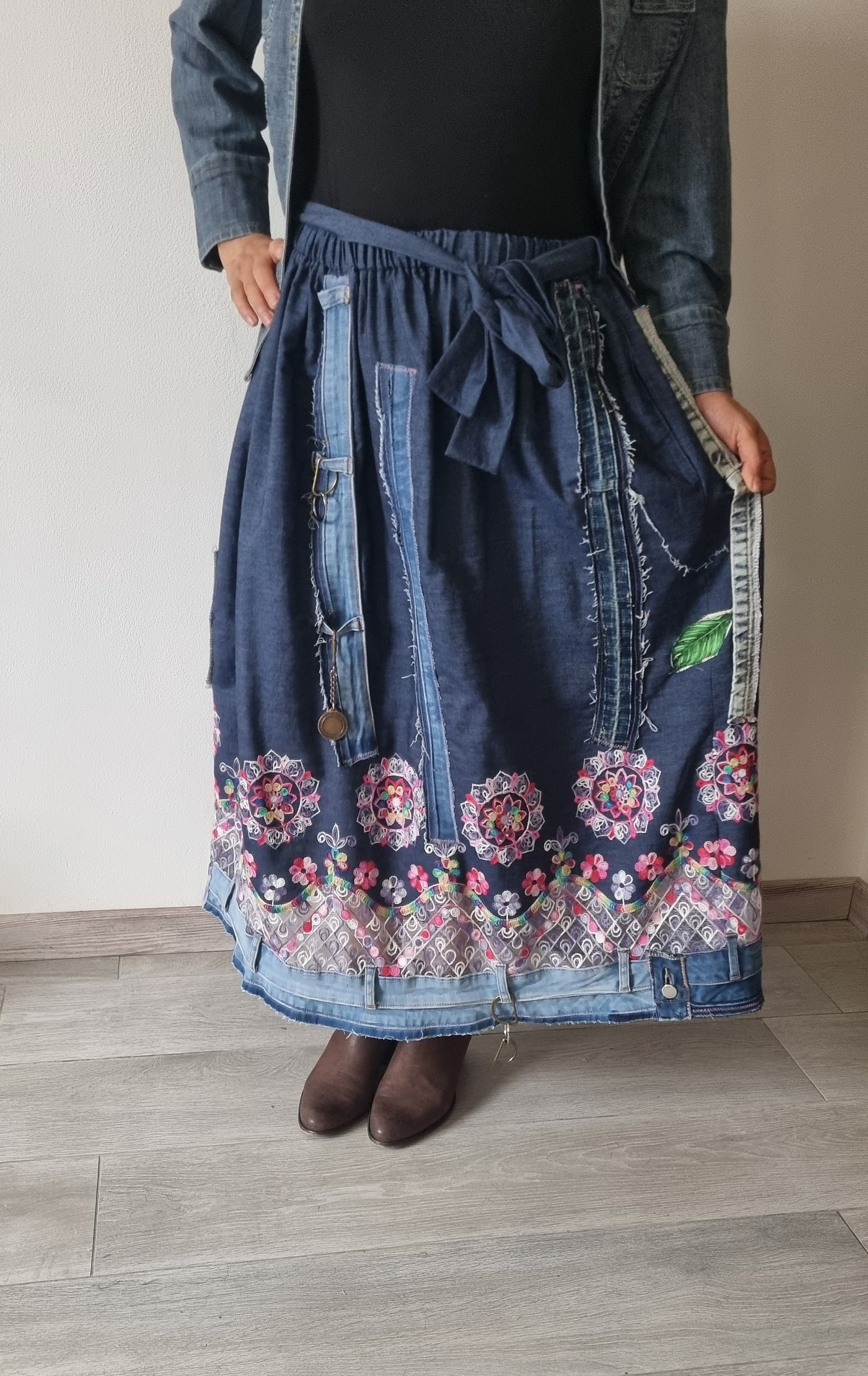 Upcycled Denim Skirt,upcycled Clothing,elastic Waist Skirt,boho Skirt ...