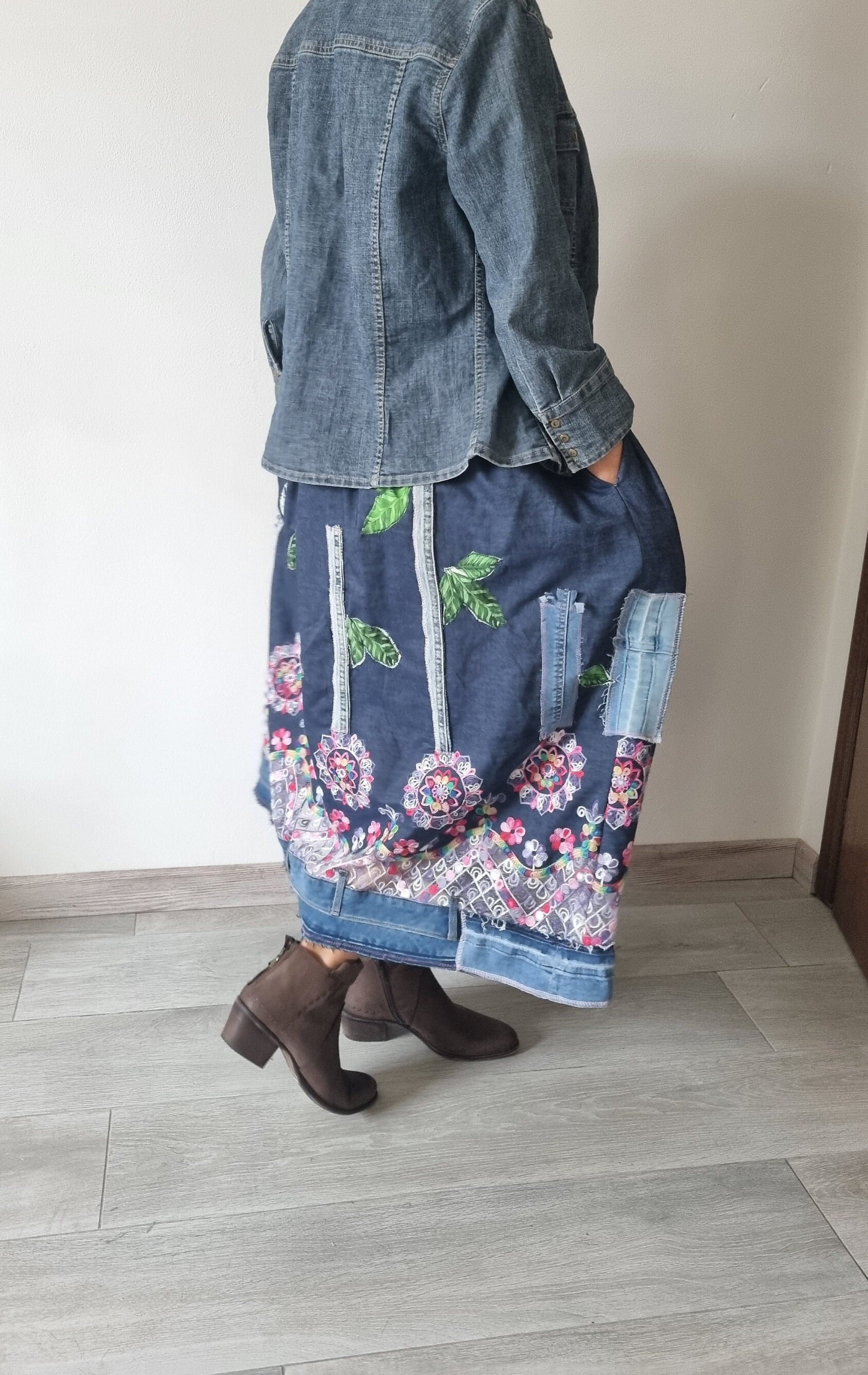 Upcycled Denim Skirt,upcycled Clothing,elastic Waist Skirt,boho Skirt ...