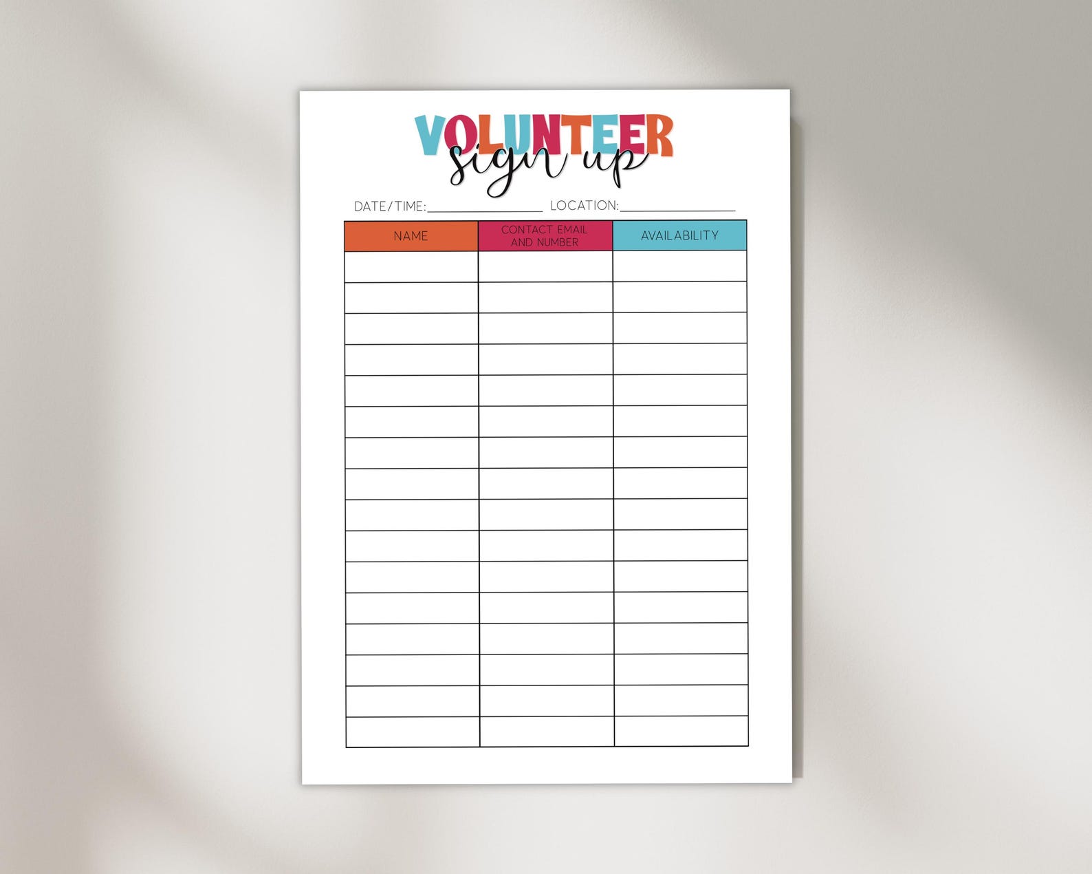 Volunteer Sign up Sheet Printable Sign up Sheet Event Sign up Sheet ...