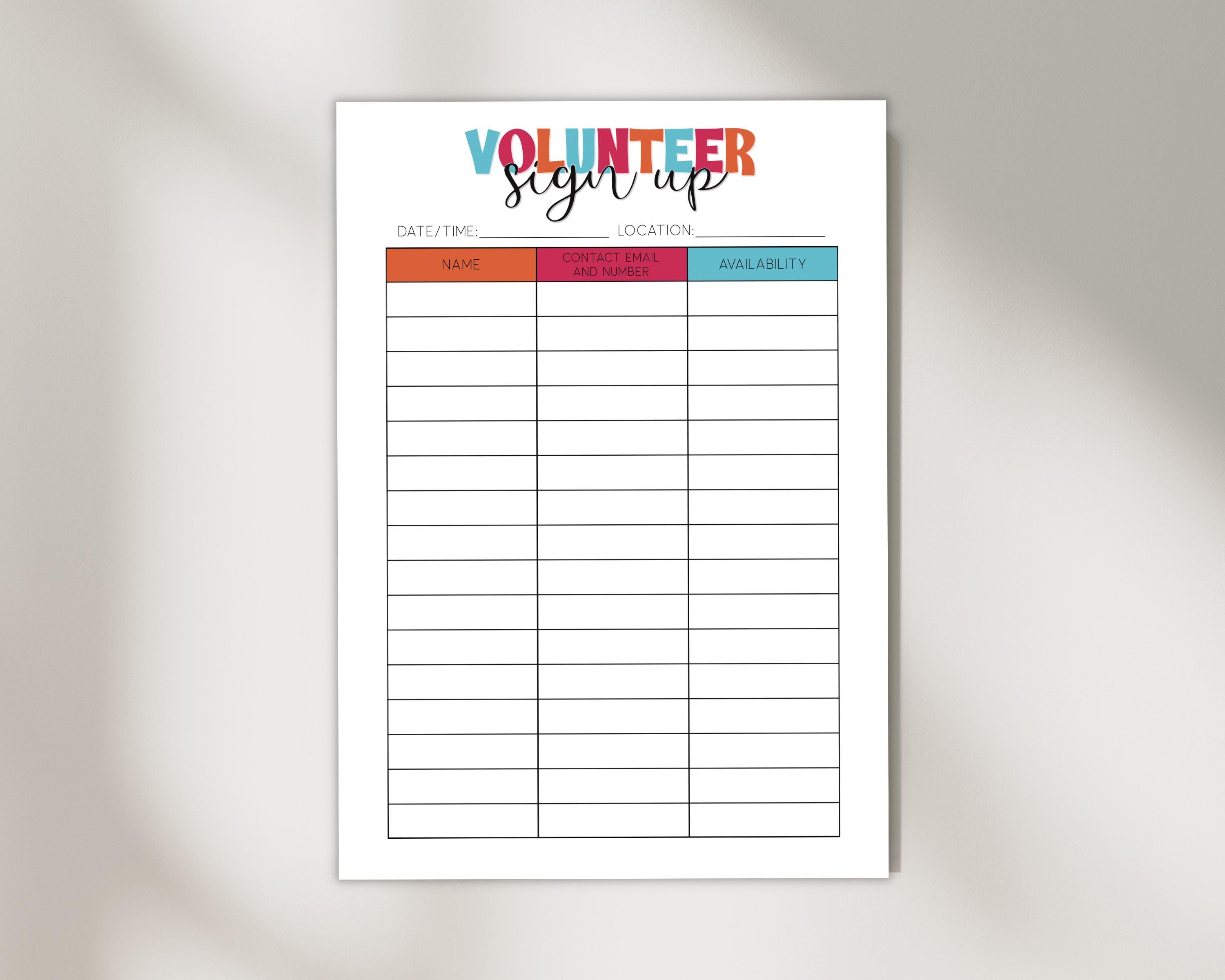 Volunteer Sign up Sheet - Printable Sign up Sheet - Event Sign up Sheet ...