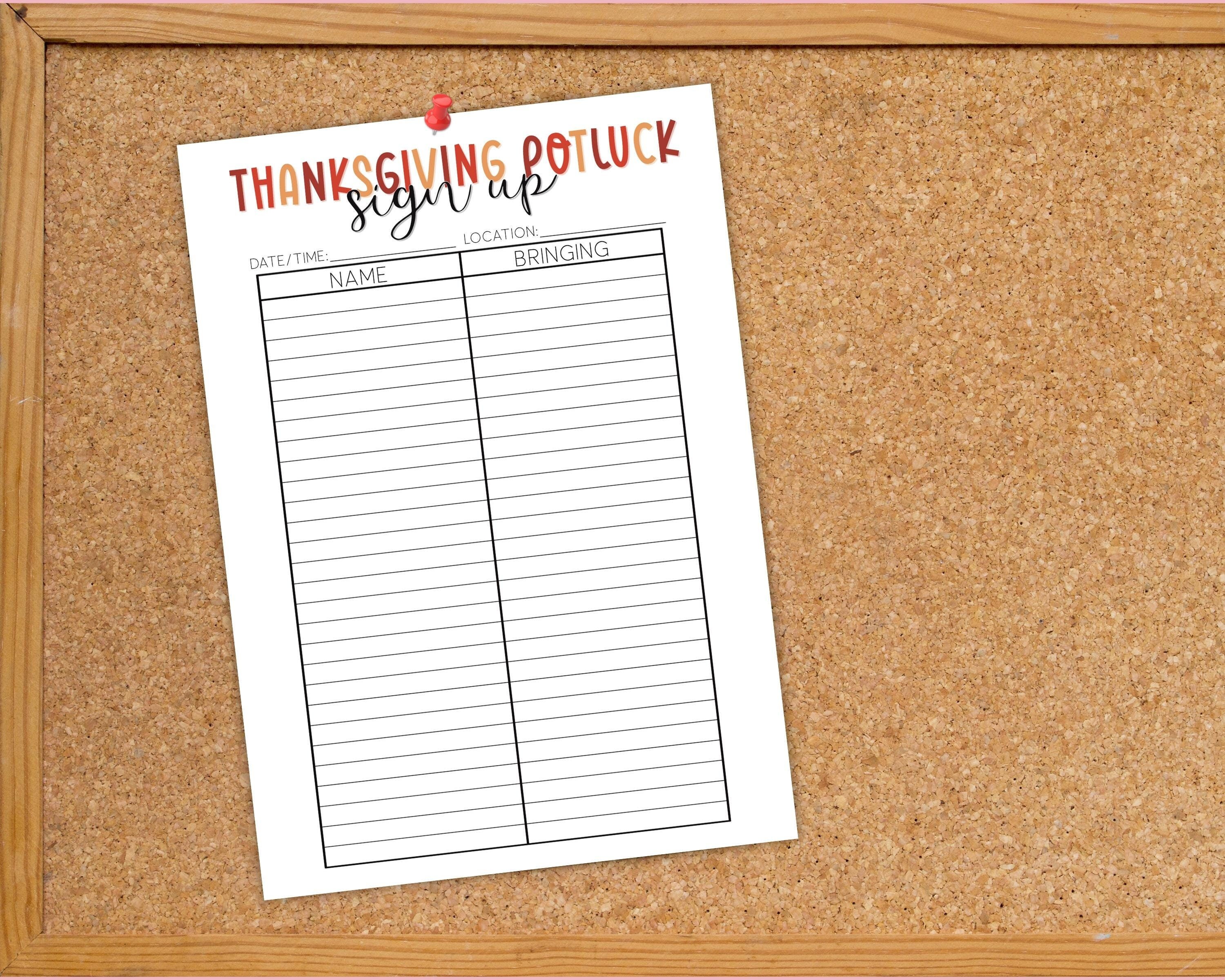 Pot Luck Sign up Sheet - Printable Thanksgiving Potluck List ...