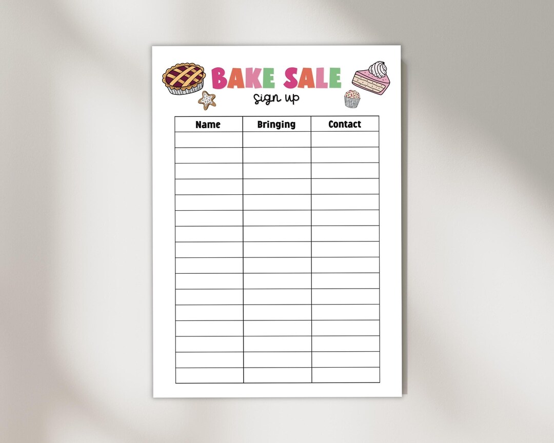 Printable Bake Sale Sign up Sheet - Printable Volunteer Signup Sheet ...