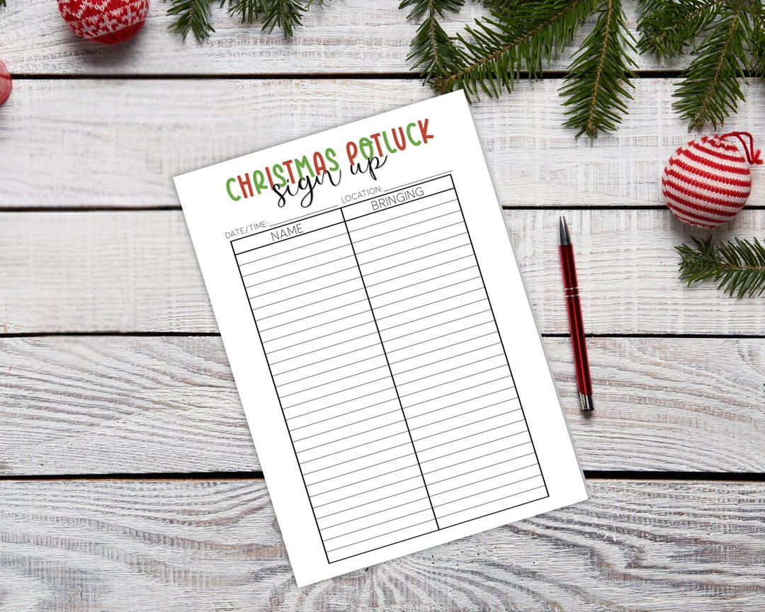 Pot Luck Sign up Sheet - Printable Christmas Potluck List - Christmas ...