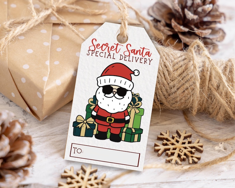 Secret Santa Tag Printable Printable Santa Tag Santa Wearing Sunglasses ...