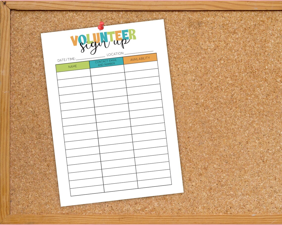Volunteer Sign up Sheet - Printable Sign up Sheet - Event Sign up Sheet ...