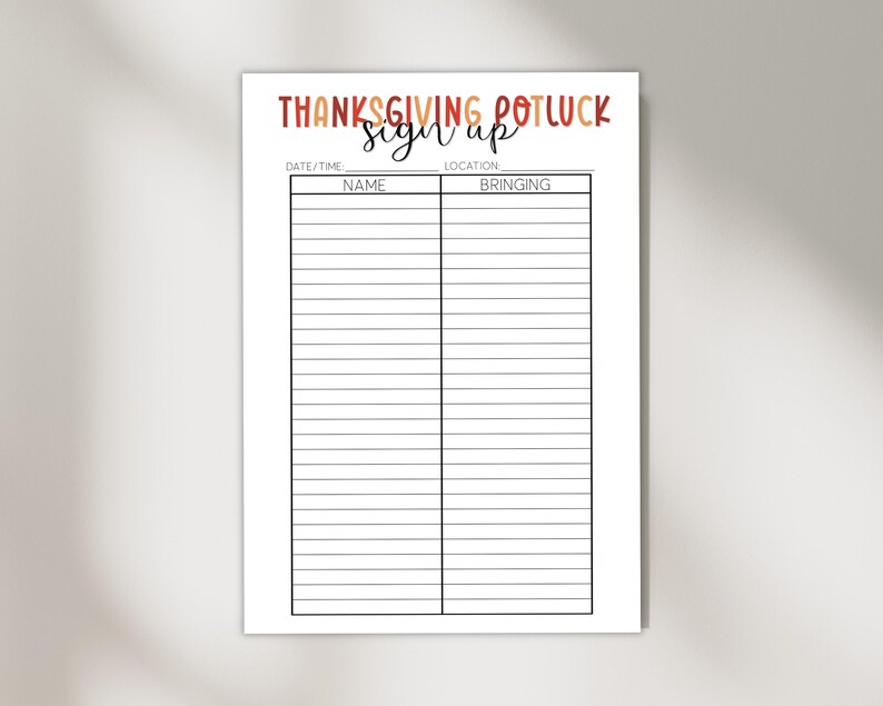 Pot Luck Sign up Sheet - Printable Thanksgiving Potluck List ...