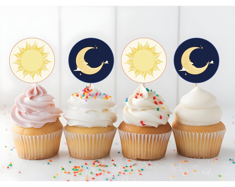 Printable Sun and Moon Cupcake Toppers: Celestial Birthday Decor ...