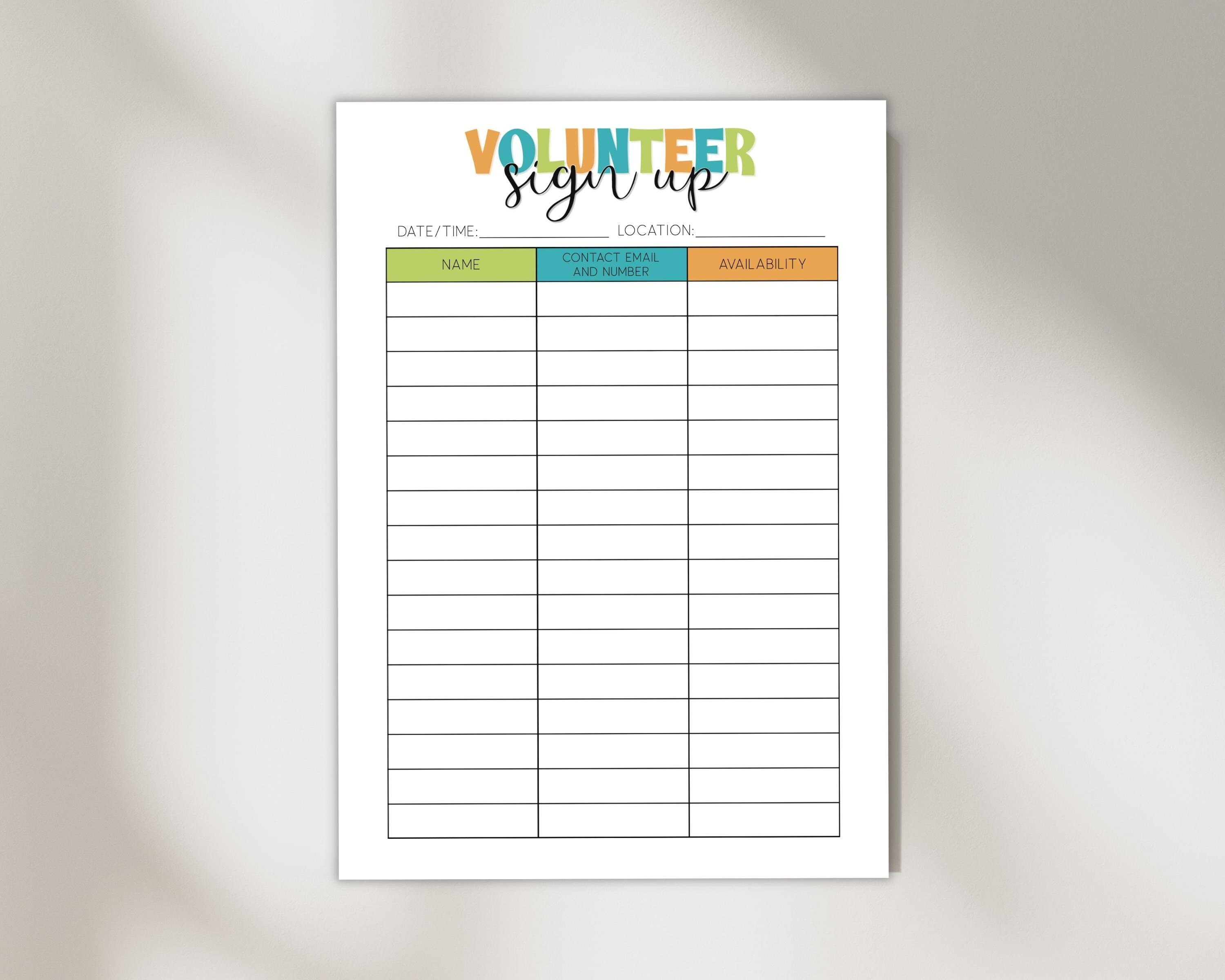 Volunteer Sign up Sheet - Printable Sign up Sheet - Event Sign up Sheet ...