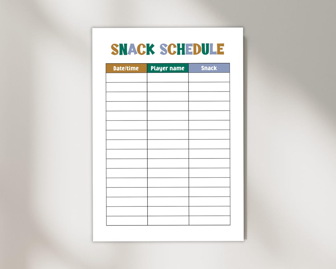 Snack Sign up Sheet for Game Day Snacks Printable Snack Schedule Team ...