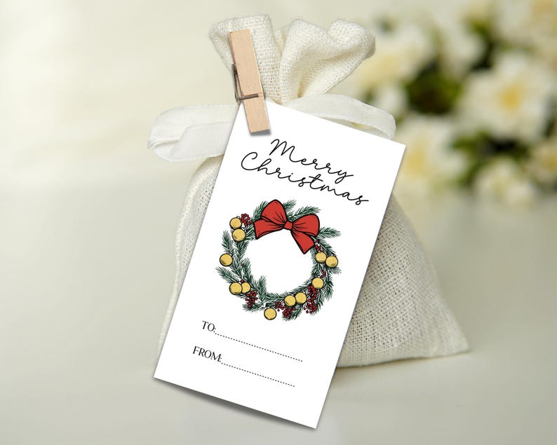 Printable Christmas Wreath Gift Tag – Downloadable Holiday Label (PDF ...