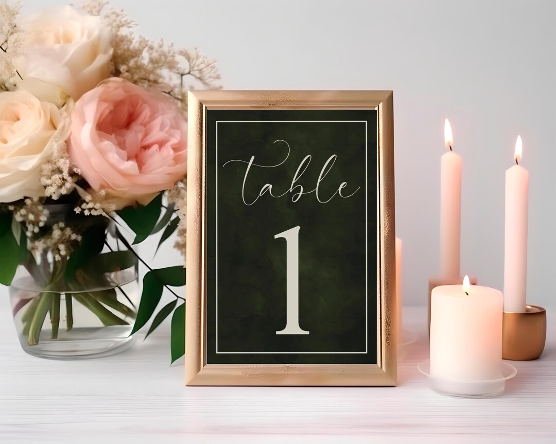 Printable Forest Green Watercolor Table Number Signs: Elegant Wedding ...