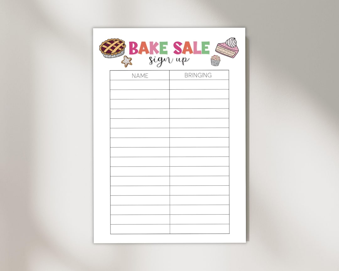 Bake Sale Sign up Sheet - Printable Volunteer Signup Sheet - Event Signup Form - Fundraiser Sign ...