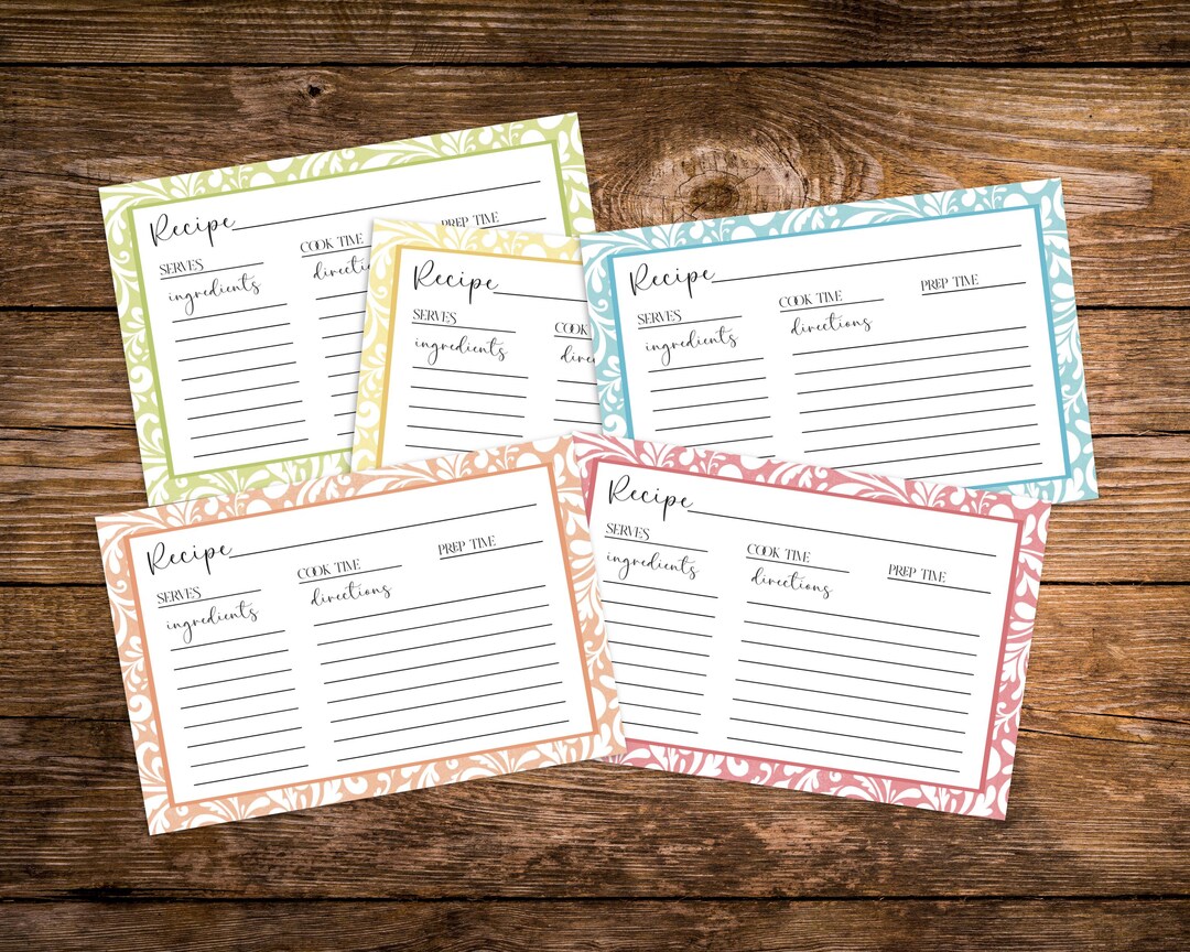 Printable Floral Recipe Card Printable Set: Colorful 6x4 Blank Cards ...