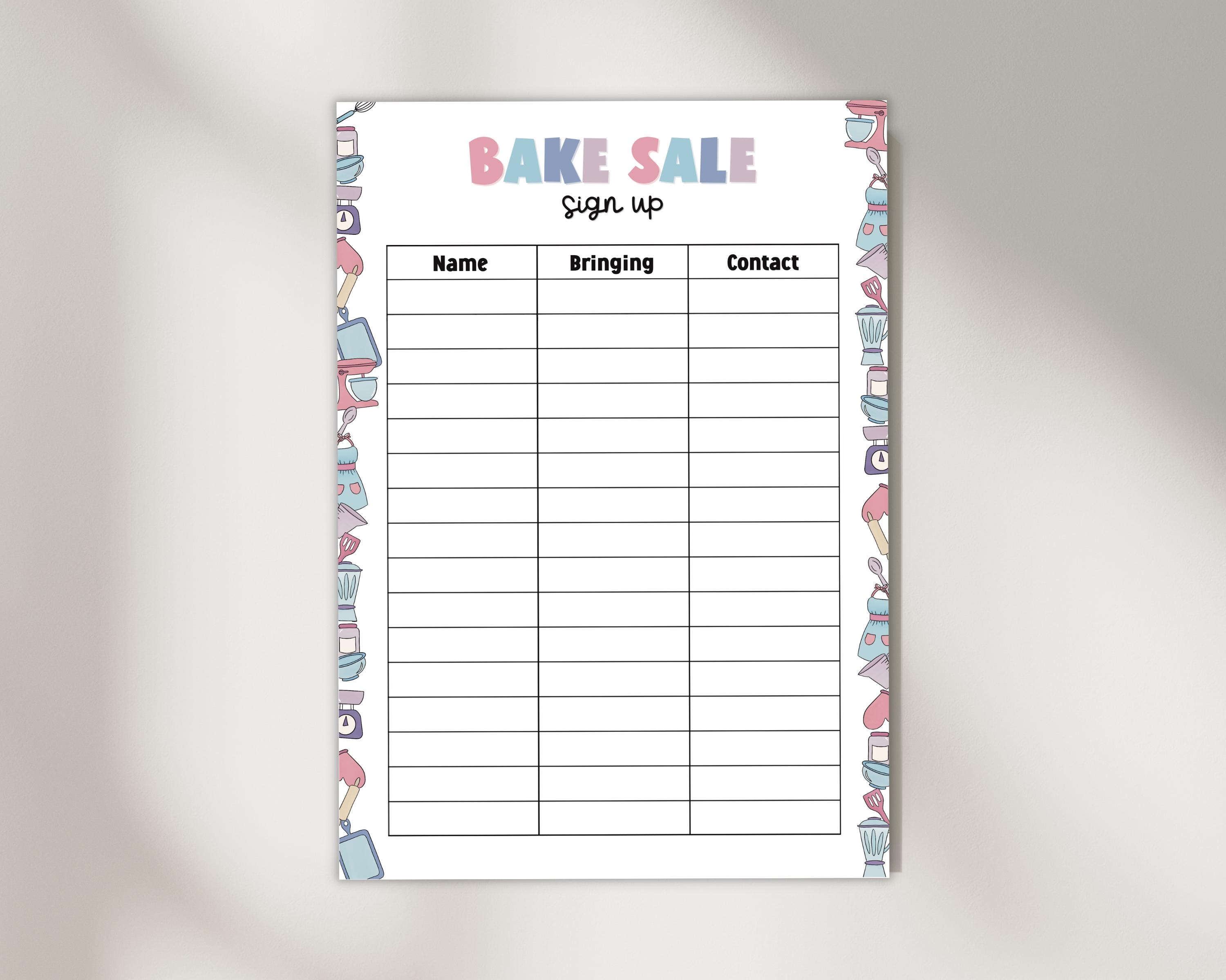 Bake Sale Sign up Sheet - Printable Volunteer Signup Sheet - Event ...