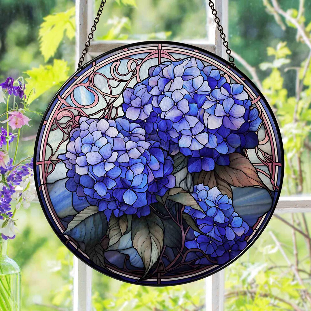 Blue Hydrangea Stained Glass Suncatcher, Window Hanging Plant Decor - Etsy
