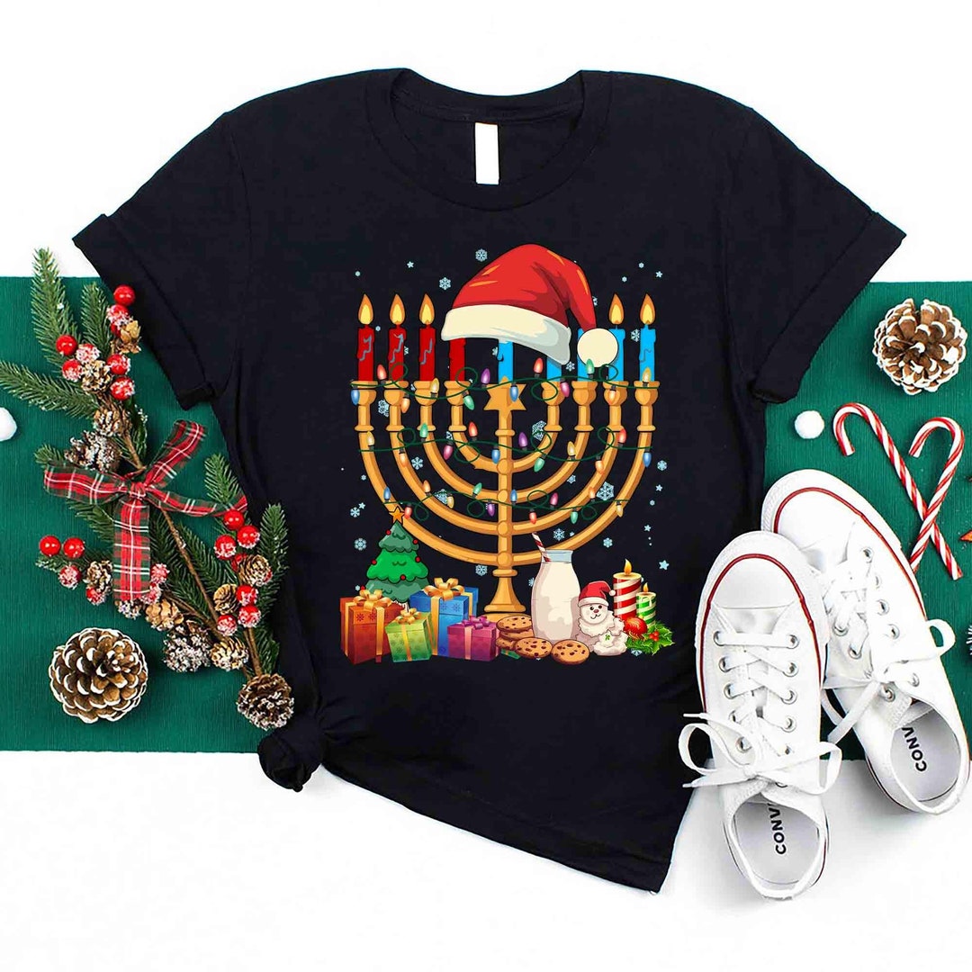 Merry Christmas Happy Hanukkah Menorah Santa Claus Hat Shirt ...