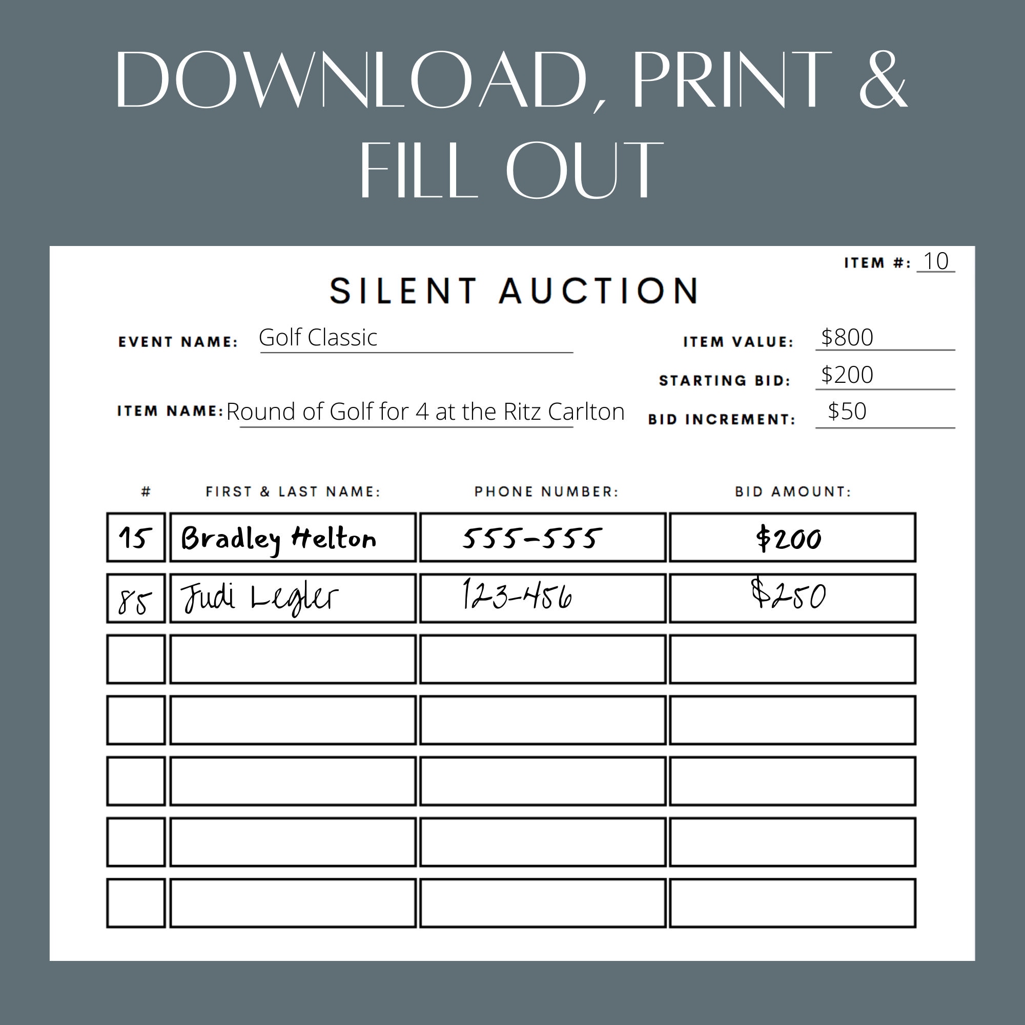 Modern Printable Silent Auction Bid Sheet (PDF File - Simply Download ...
