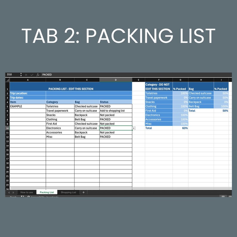 Packing List Excel Template - Organized by Categories and Bag With ...