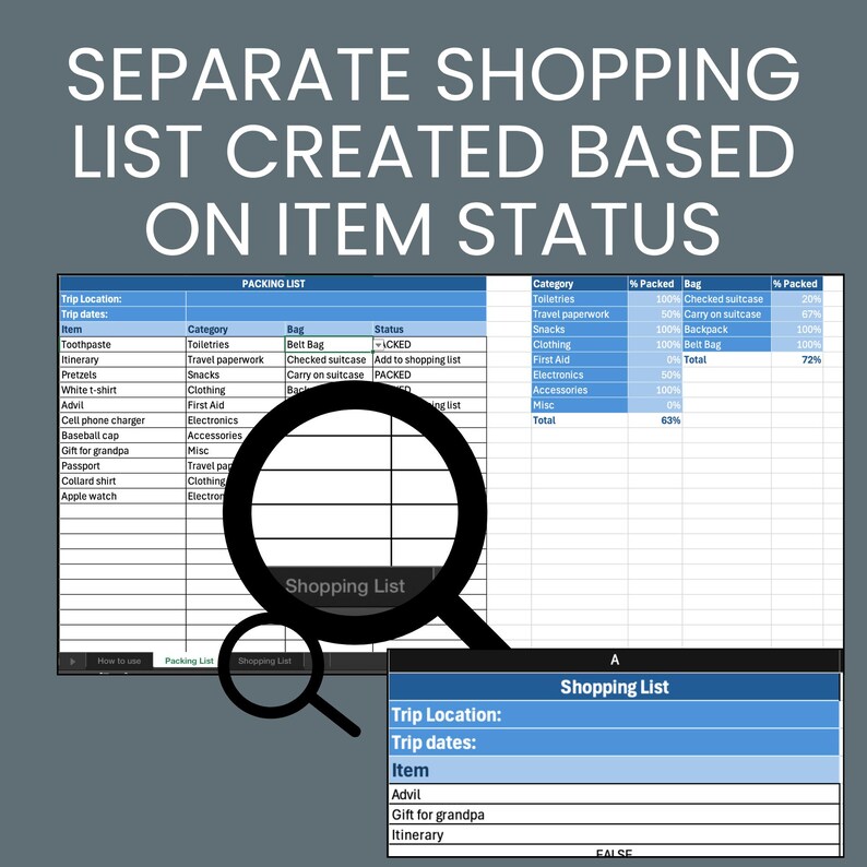 Packing List Excel Template - Organized by Categories and Bag With ...