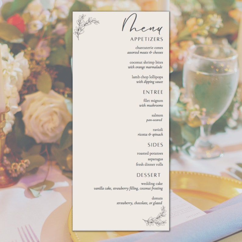 Custom Wedding Dinner Menu - Canva Template Printable Download; Minimal ...