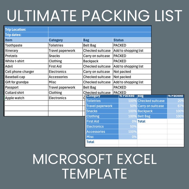 Packing List Excel Template - Organized by Categories and Bag With ...