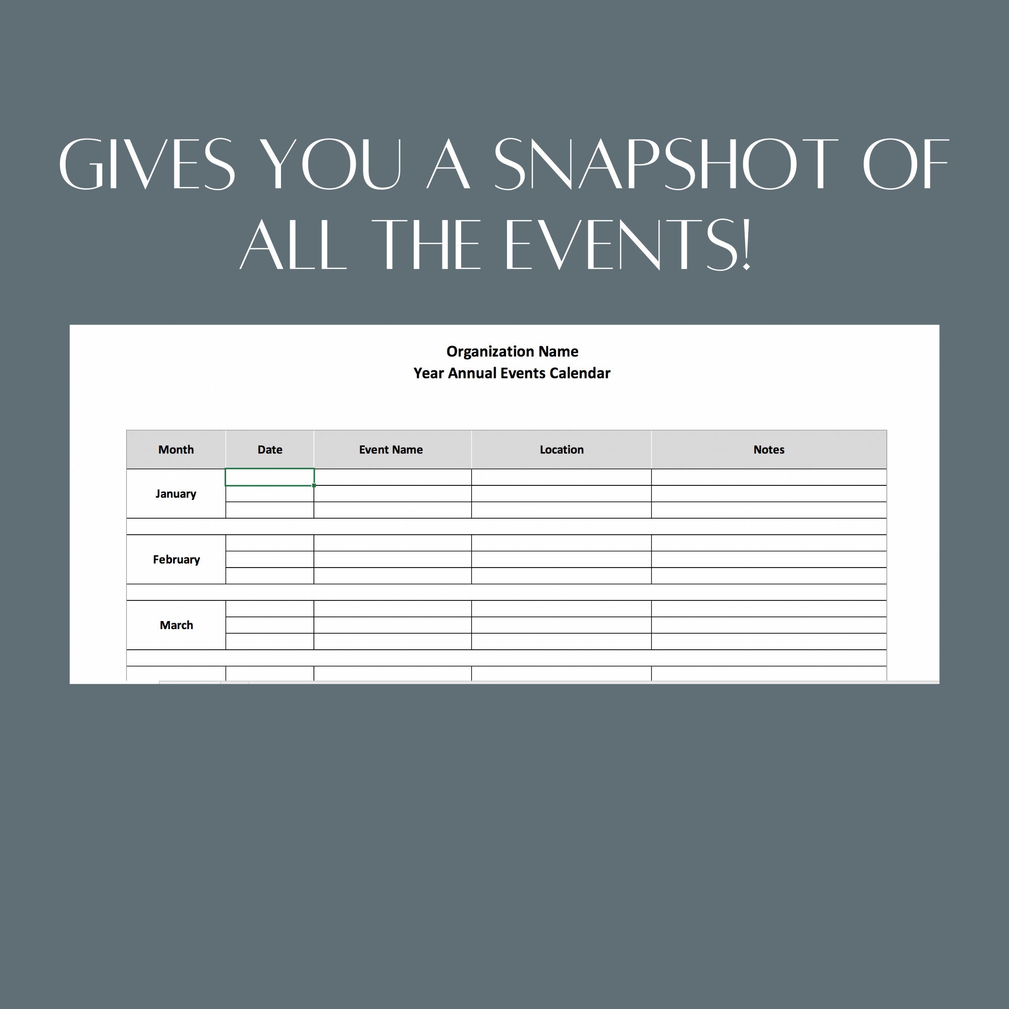 Annual Events Calendar Microsoft Excel Template - Use for Event ...