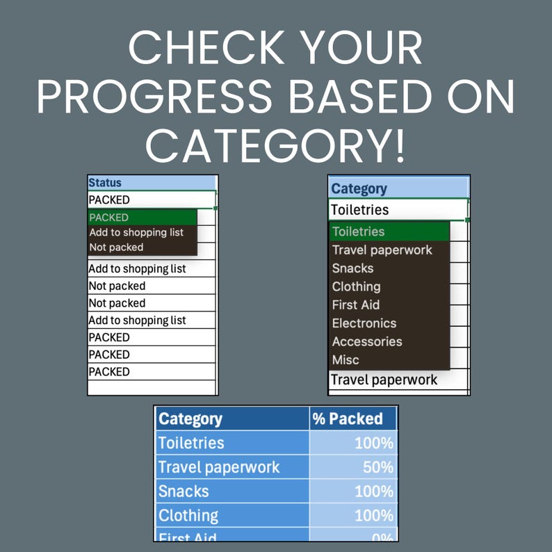 Packing List Excel Template - Organized by Categories and Bag With ...