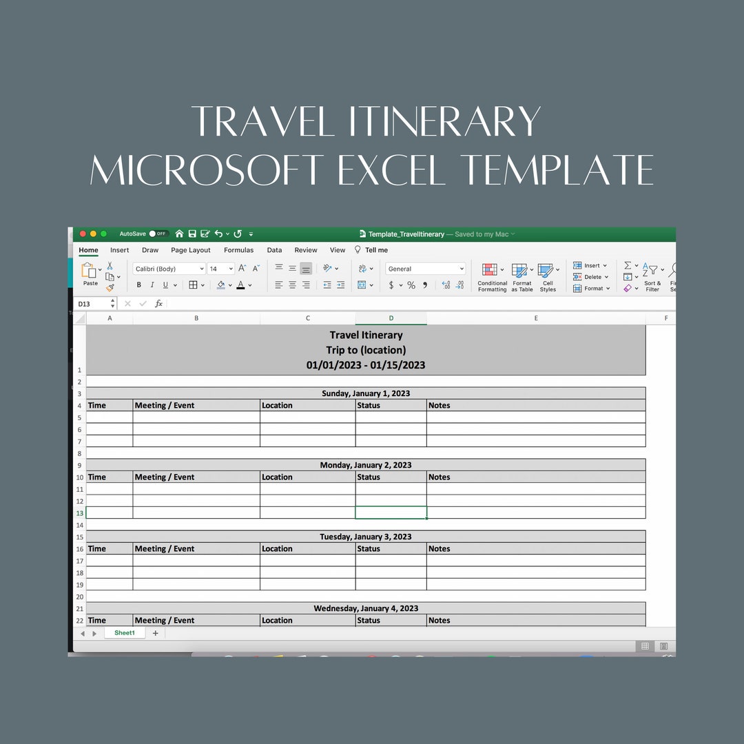 Travel Itinerary Digital Download Template Microsoft Excel Template