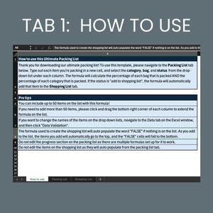 Packing List Excel Template - Organized by Categories and Bag With ...