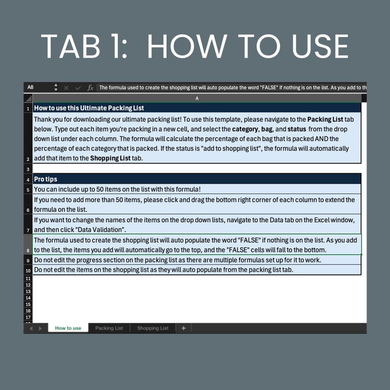 Packing List Excel Template - Organized by Categories and Bag With ...