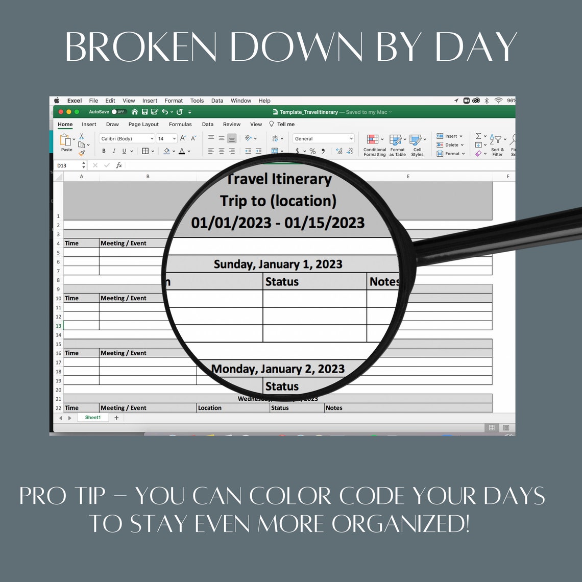 Travel Itinerary Digital Download Template - Microsoft Excel Template ...