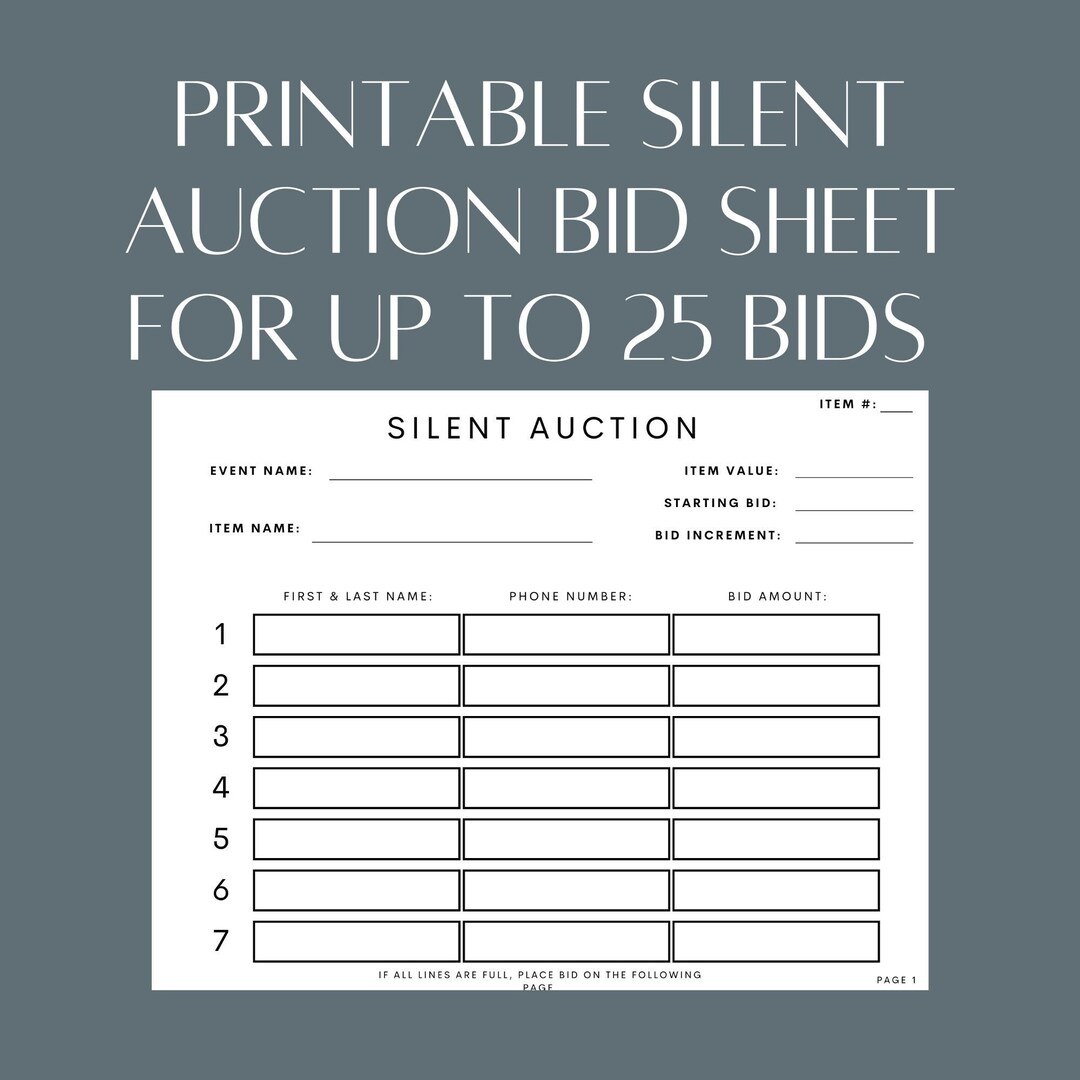 Printable Silent Auction Bid Sheet - Pre Numbered for up to 25 Bidders ...