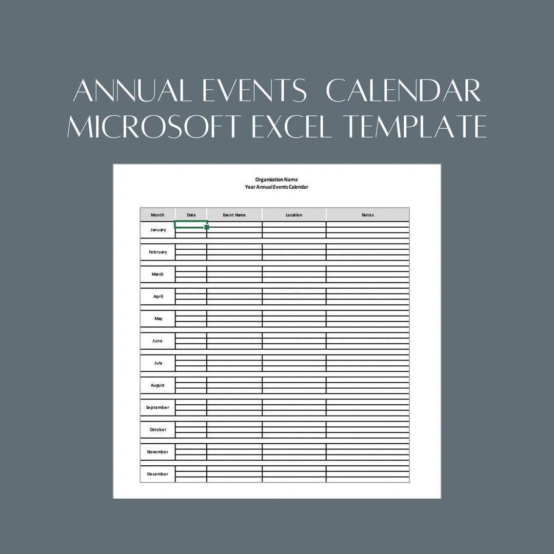 Annual Events Calendar Microsoft Excel Template - Use for Event ...