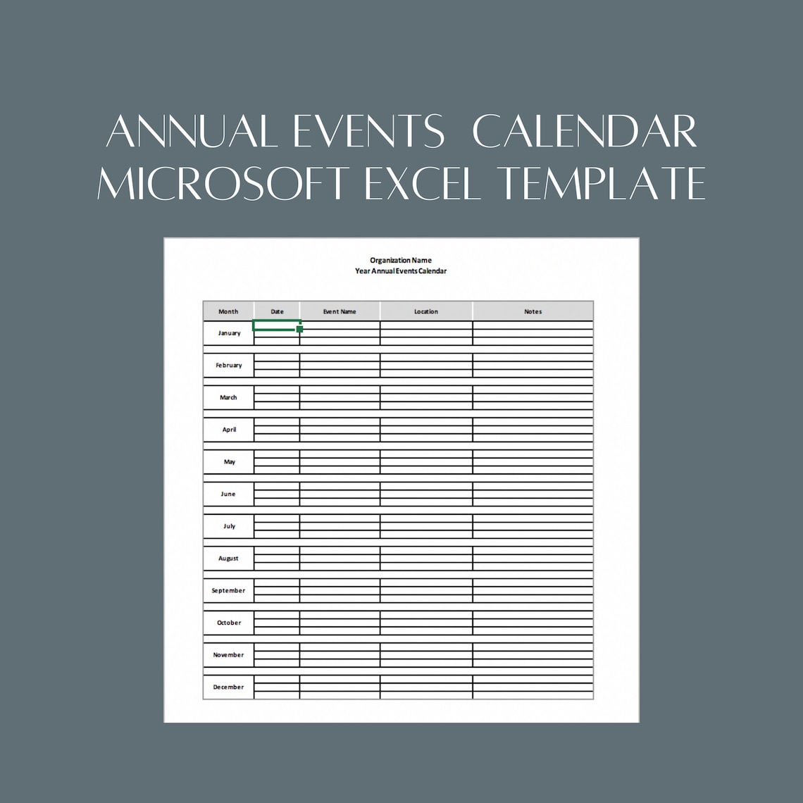 Annual Events Calendar Microsoft Excel Template - Use for Event ...