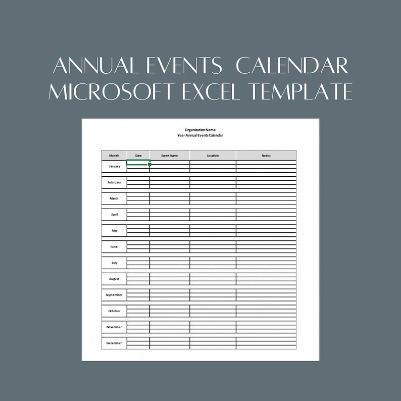 Annual Events Calendar Microsoft Excel Template - Use for Event ...