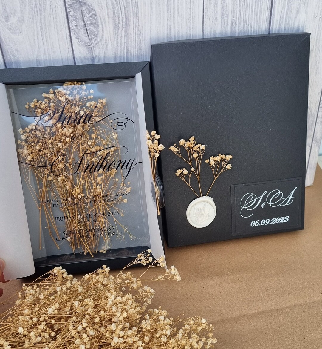 Black Box Wedding Invitation With Black Foil Clear Acrylic Invitations With White Custom Wax ...
