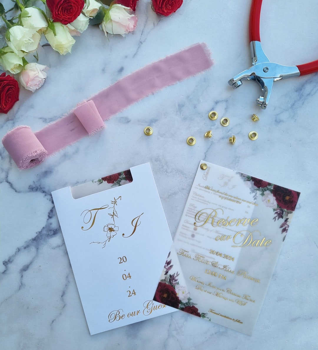 Gold Foil Save the Date Invitation: Tracing Paper & Riveted Detail Card ...