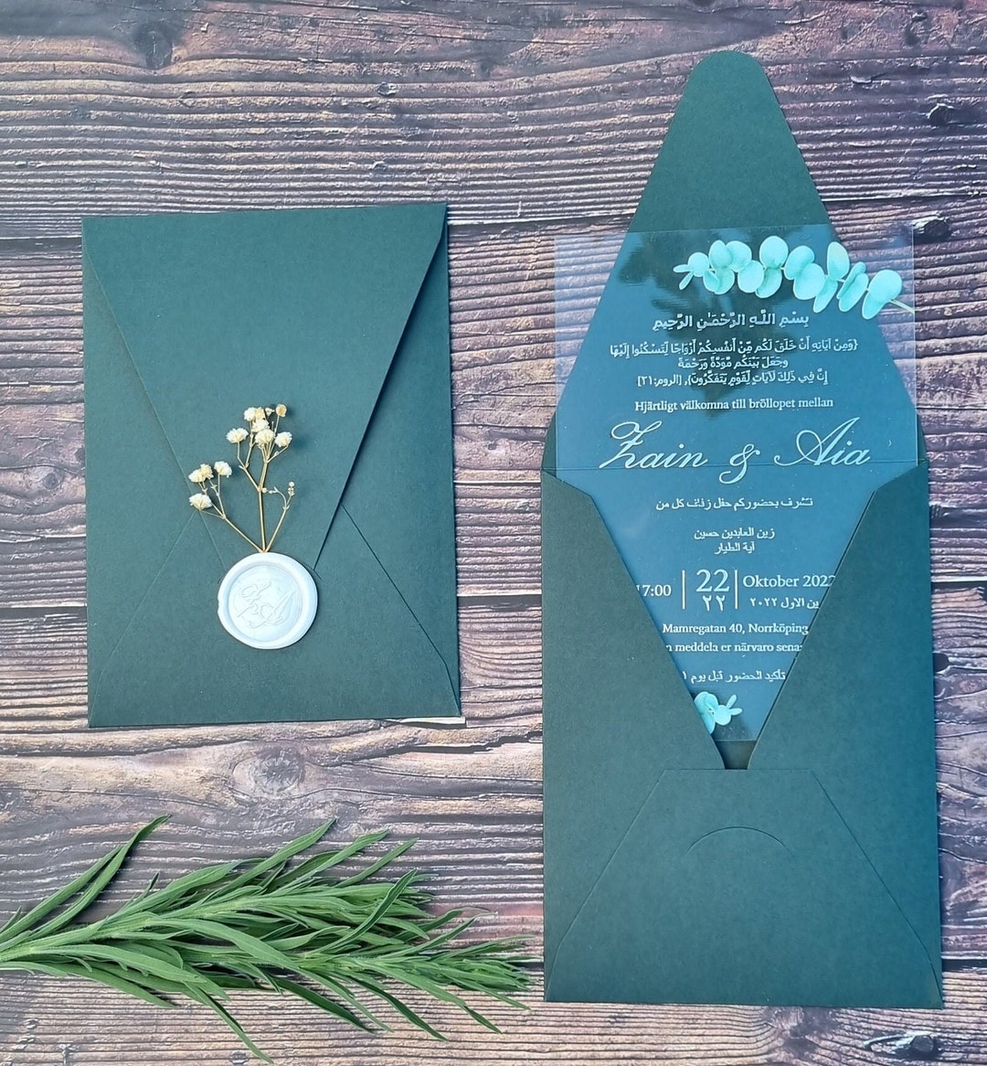 Invitación de boda acrílica, invitación transparente con sobre verde ...